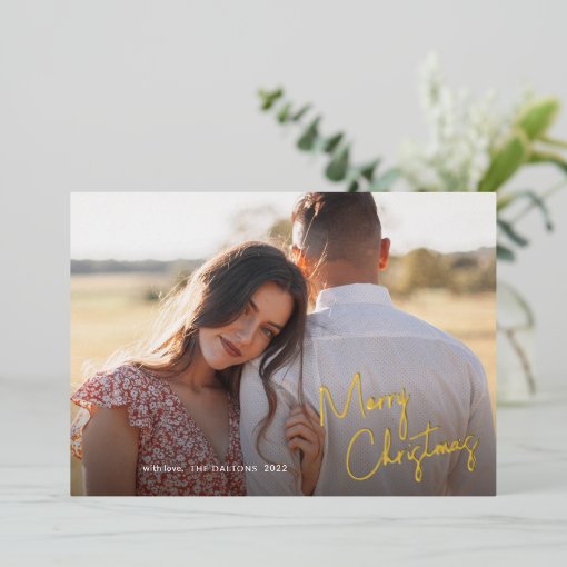 Modern Merry Christmas Script Simple Photo Foil Holiday Card | Zazzle
