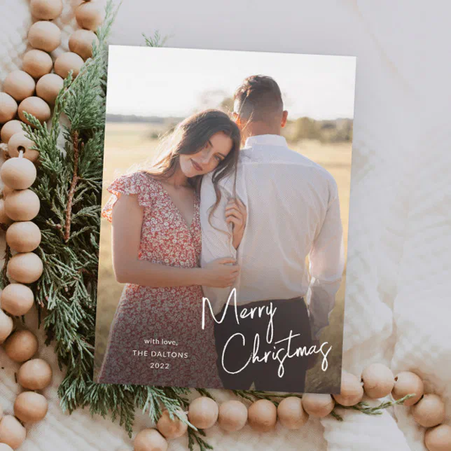 Modern Merry Christmas Script Simple Photo Holiday Card | Zazzle