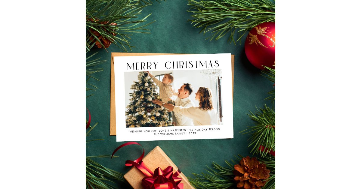 Modern Merry Christmas simple one photo family Holiday Card | Zazzle