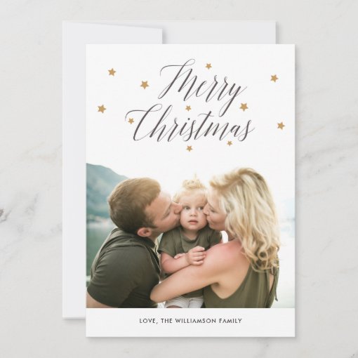 Modern Merry Christmas Starry Script 2 Photos Holiday Card | Zazzle
