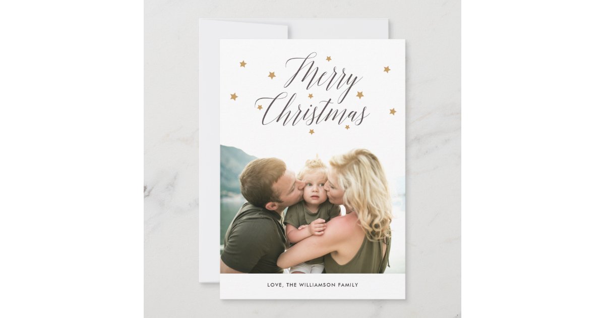 Modern Merry Christmas Starry Script 2 Photos Holiday Card | Zazzle