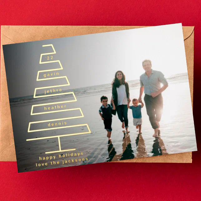Modern Merry Christmas Tree Custom Names Photo Foil Holiday Card | Zazzle