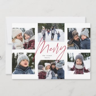 Modern merry red script 6 photo Christmas collage Holiday Card | Zazzle