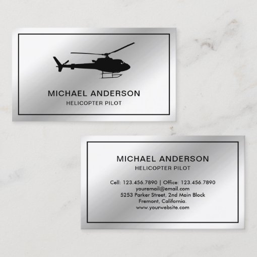 Modern Metallic Steel Silver Helicopter Pilot Business Card | Zazzle