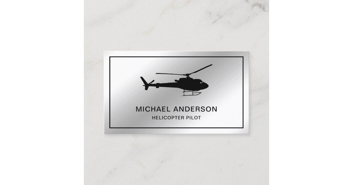 Modern Metallic Steel Silver Helicopter Pilot Business Card | Zazzle