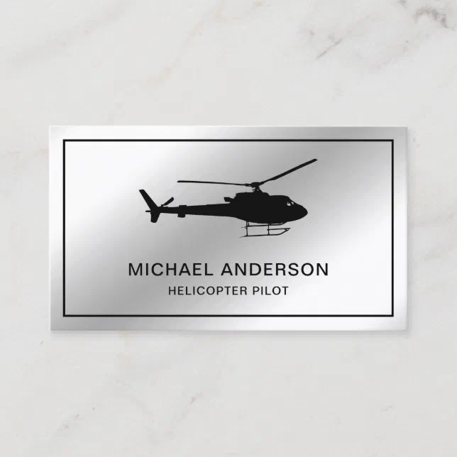 Modern Metallic Steel Silver Helicopter Pilot Business Card | Zazzle