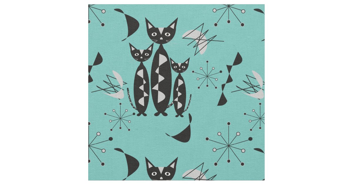 Modern Mid Century Retro Cats Cute Pattern Fabric | Zazzle