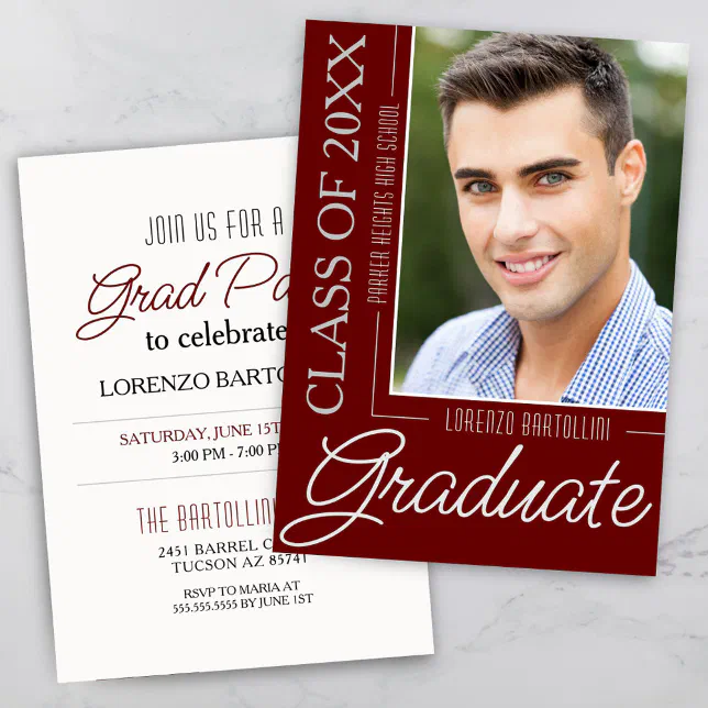 Modern Minimal 1 Photo Maroon Burgundy Graduation Invitation | Zazzle