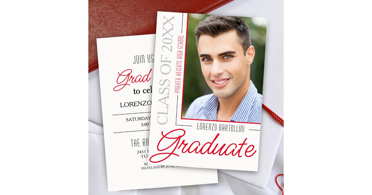 Modern Minimal 1 Photo Red and White Graduation Invitation | Zazzle