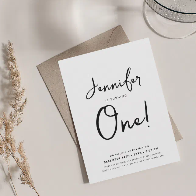 Modern Minimal 1st Birthday Script Black & White Invitation | Zazzle