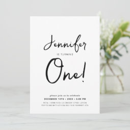 Modern Minimal 1st Birthday Script Black & White Invitation | Zazzle