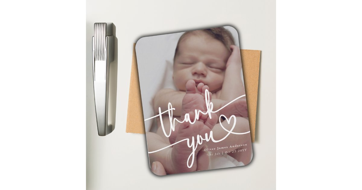 Modern Minimal Baby Photo Thank You Script Heart Magnet | Zazzle