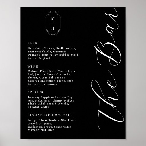 Modern & Minimal Bar Menu Script Monogram Black Poster | Zazzle