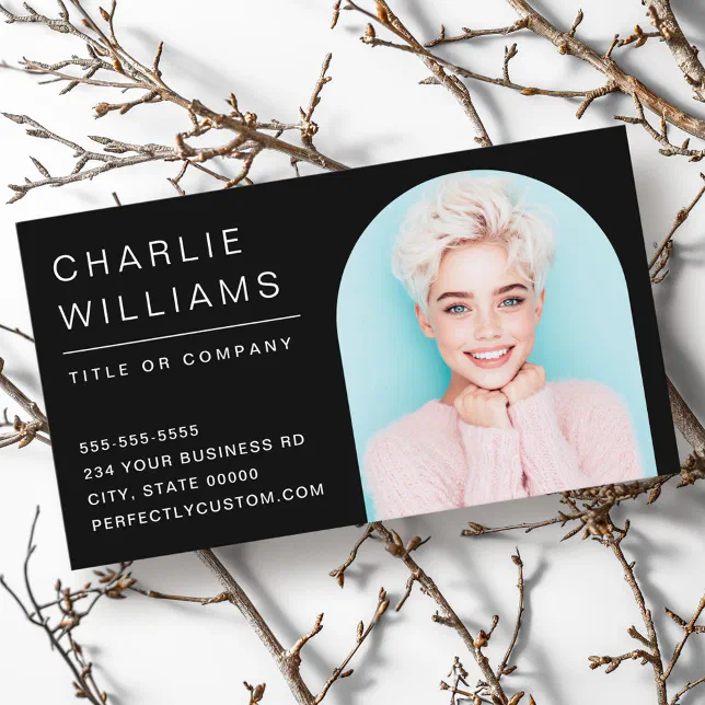 Modern minimal black arch photo frame business card | Zazzle