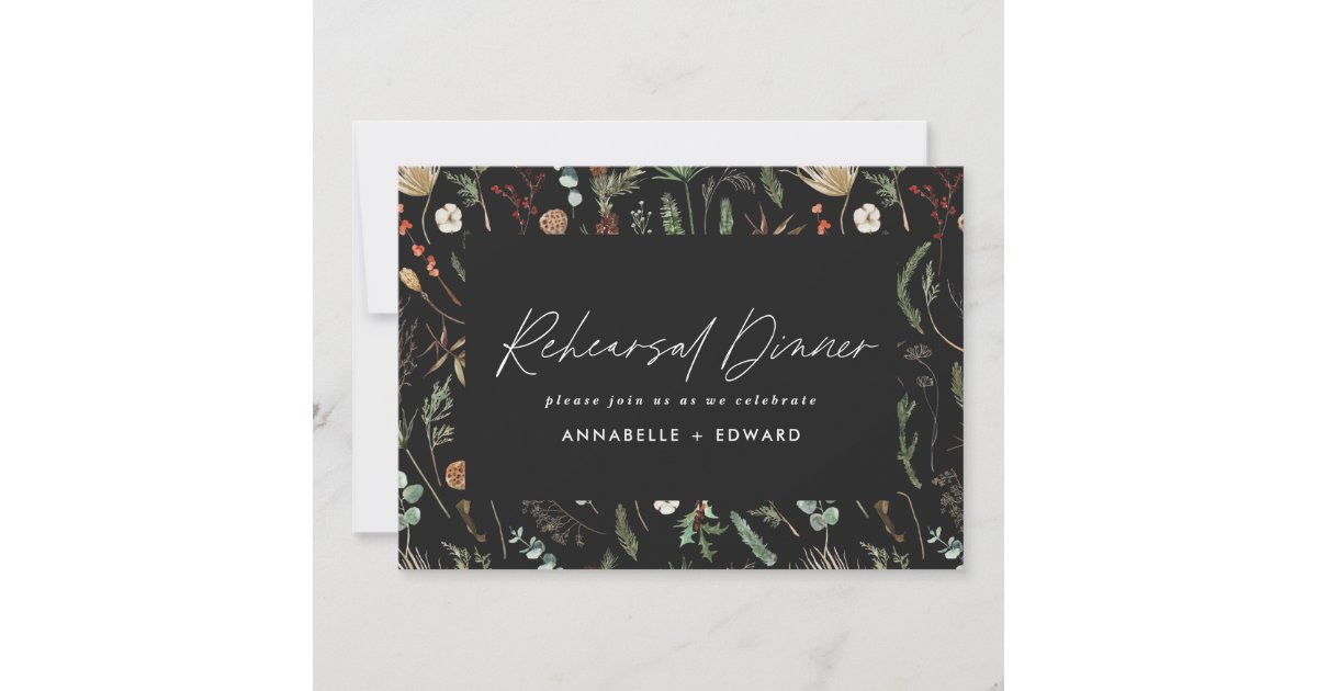Modern Minimal black botanical Rehearsal Dinner Invitation | Zazzle