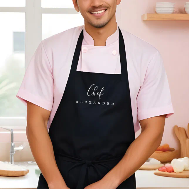 Modern Minimal Black Chef Kitchen Custom Name Apron | Zazzle