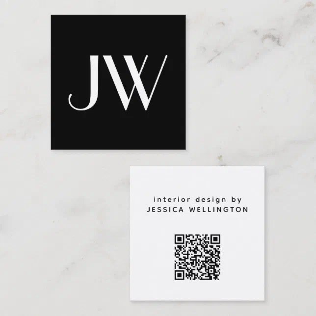 Modern Minimal Black Monogram Design QR Code Square Business Card | Zazzle