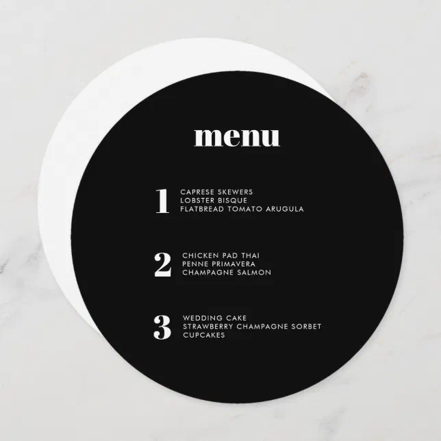 Modern Minimal Black Round Circle Wedding Menu | Zazzle