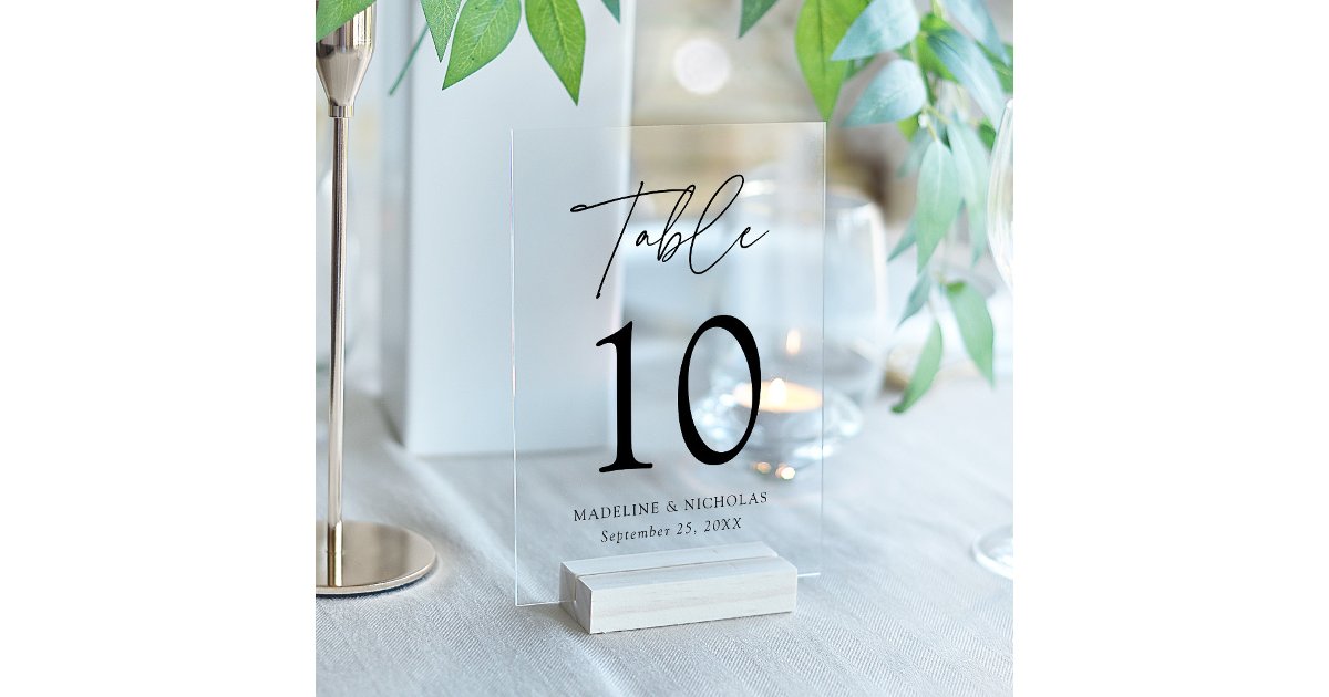 Modern Minimal Black Script Acrylic Table Number | Zazzle
