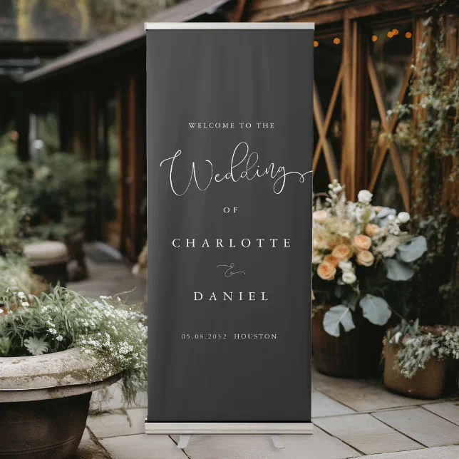 Modern, minimal, black wedding Retractable Banner | Zazzle