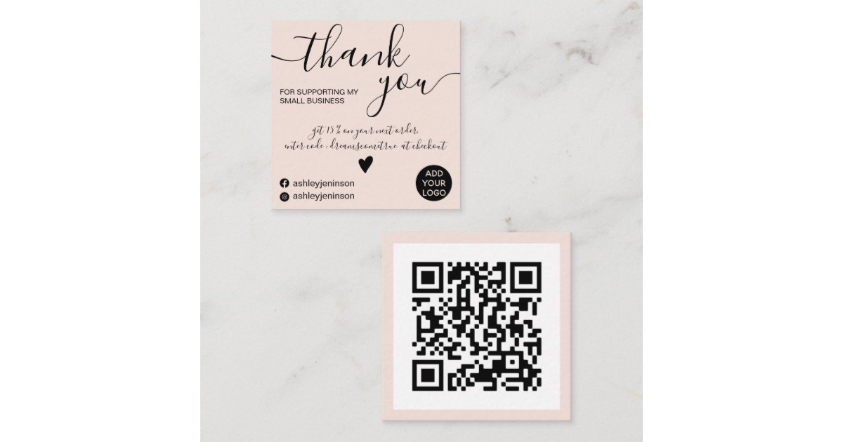 Modern minimal blush pink order thank you qr code square business card ...