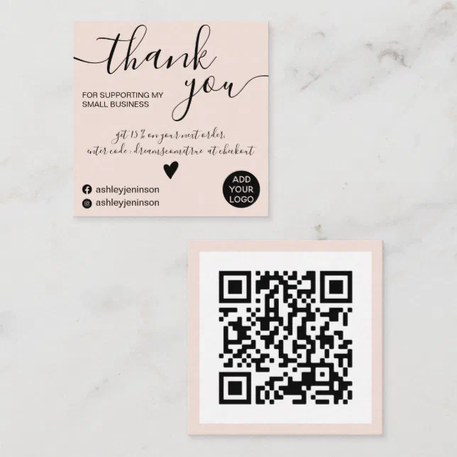 Modern minimal blush pink order thank you qr code square business card ...