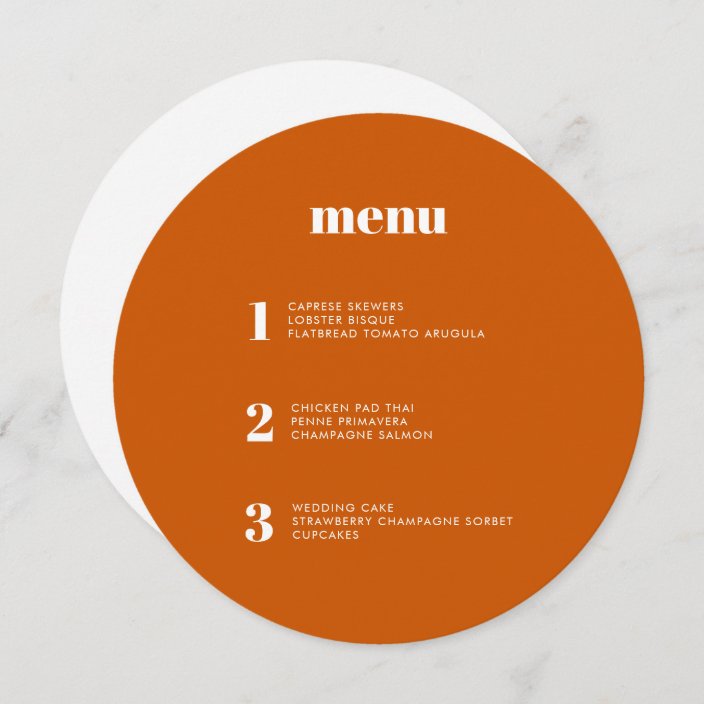 Modern Minimal Burnt Orange Round Circle Wedding Menu | Zazzle.com