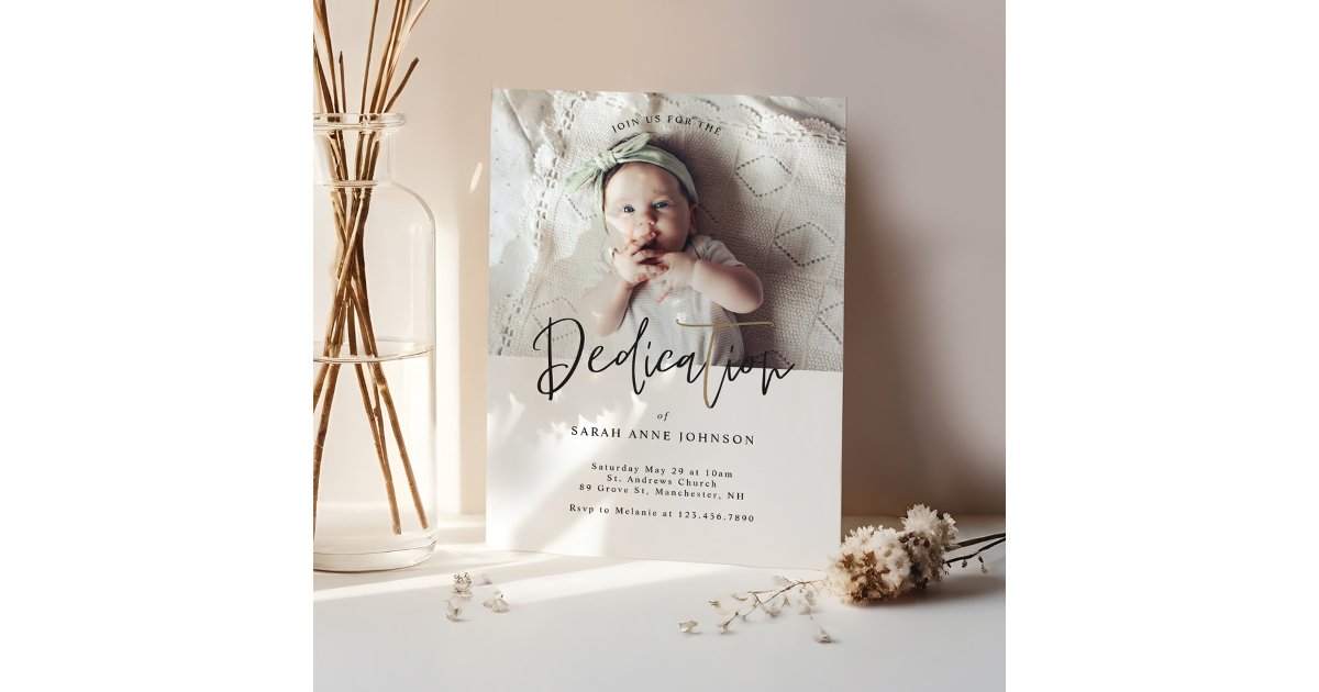 Modern Minimal Calligraphy Baby Photo Dedication Invitation | Zazzle
