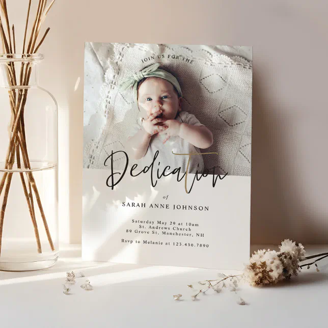Modern Minimal Calligraphy Baby Photo Dedication Invitation | Zazzle