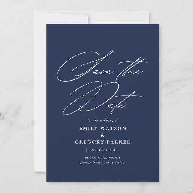Modern Minimal Calligraphy Navy Blue Wedding Save The Date | Zazzle