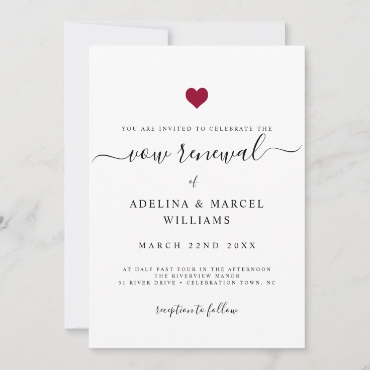 Modern Minimal Calligraphy Red Heart Vow Renewal Invitation | Zazzle