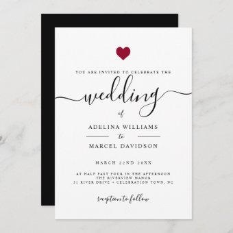 Modern Minimal Calligraphy Red Heart Wedding Invitation | Zazzle