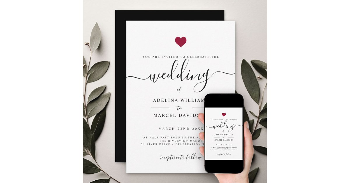 Modern Minimal Calligraphy Red Heart Wedding Invitation | Zazzle