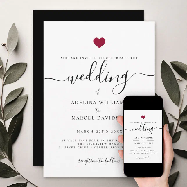 Modern Minimal Calligraphy Red Heart Wedding Invitation | Zazzle