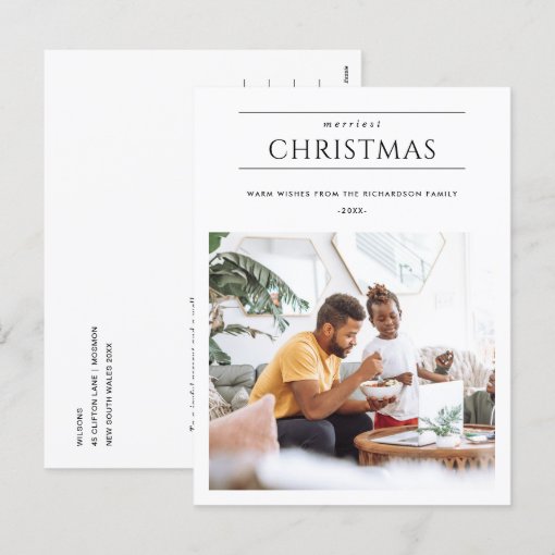 MODERN MINIMAL CLEAN CUSTOM PHOTO MERRY CHRISTMAS HOLIDAY POSTCARD | Zazzle