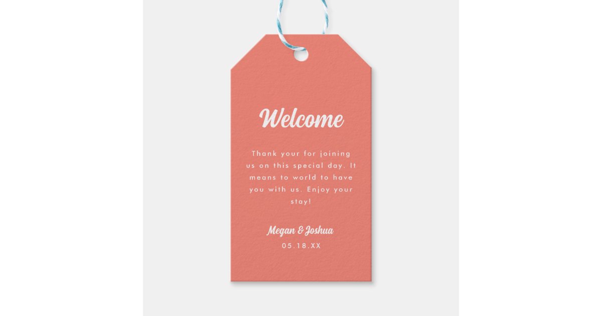 Modern Minimal Coral Pink Wedding Welcome Gift Tags | Zazzle