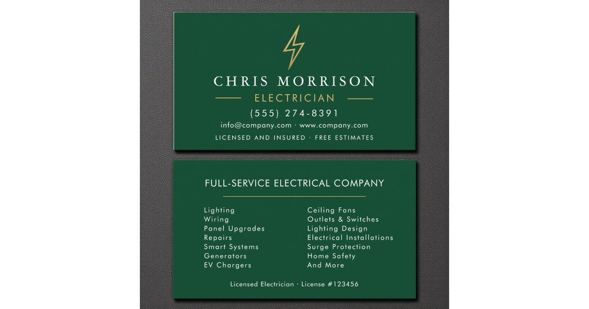 Modern Minimal Electrician Green Gold Business Card | Zazzle