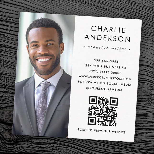 Modern minimal elegant white photo QR code Square Business Card | Zazzle