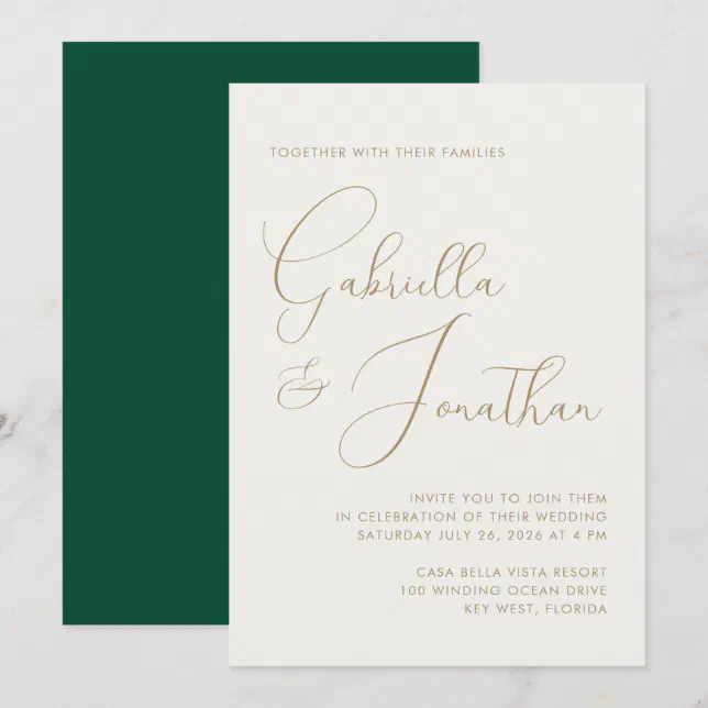 Modern Minimal Emerald Green Cream Script Wedding Invitation | Zazzle