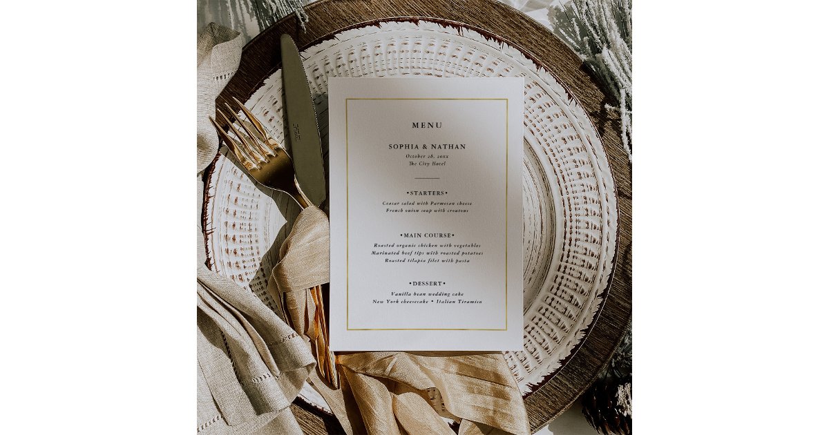 Modern Minimal | Faux Gold Border Wedding Menu | Zazzle