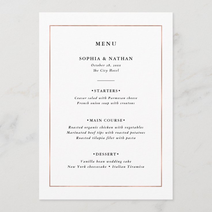 Modern Minimal | Faux Rose Gold Border Wedding Menu | Zazzle
