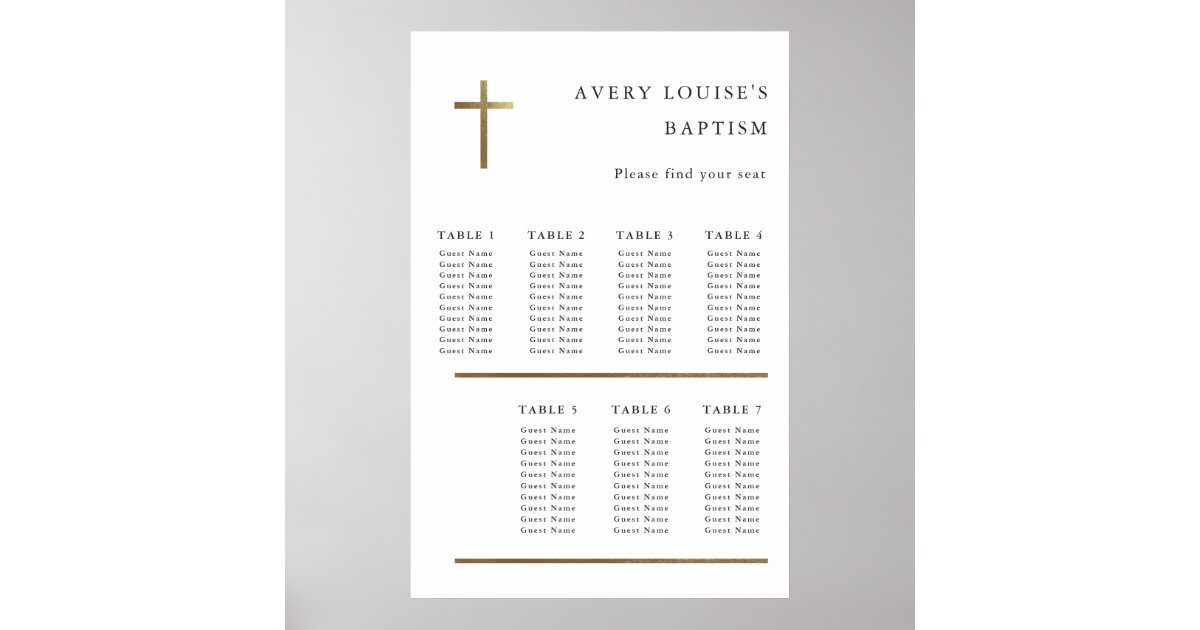 Modern Minimal Gold Cross Baptism Seating Chart | Zazzle