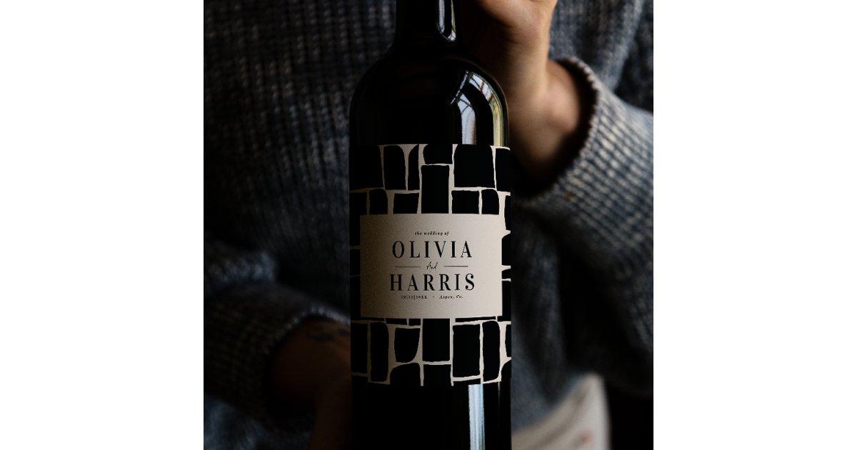 Modern minimal graphic black & white party favor wine label | Zazzle