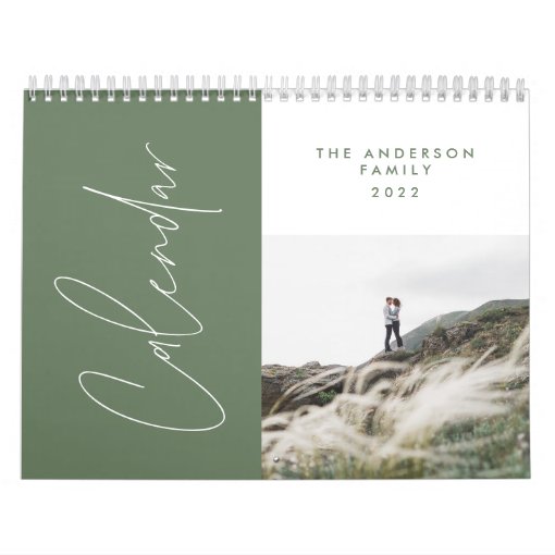Modern minimal green 2 photo family elegant calendar | Zazzle