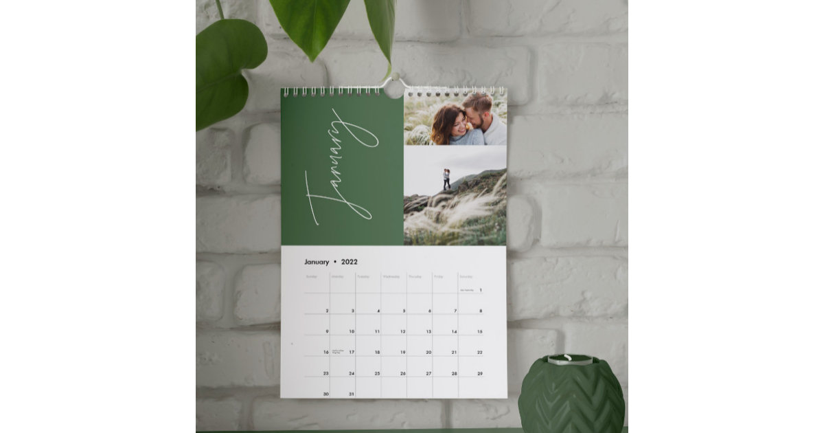 Modern minimal green 2 photo family elegant calendar | Zazzle