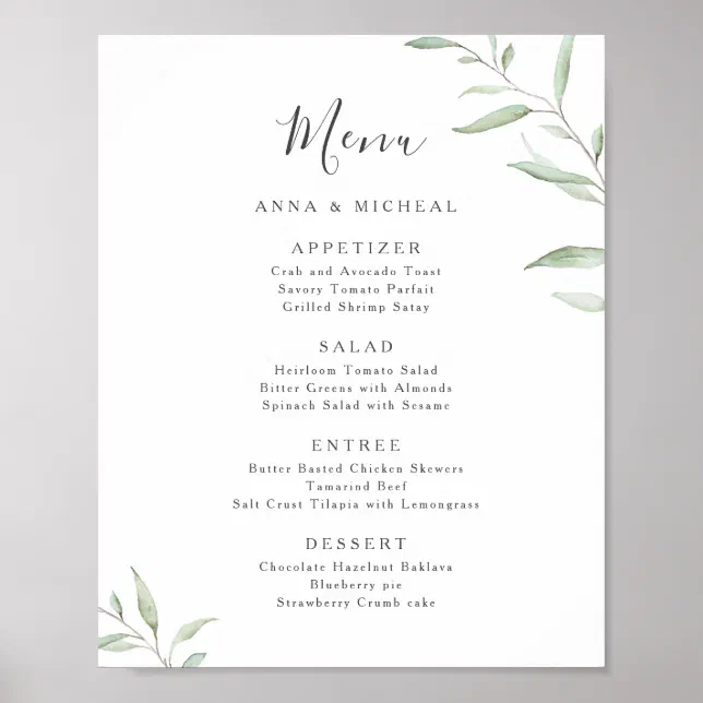 Modern minimal greenery rustic wedding menu poster | Zazzle