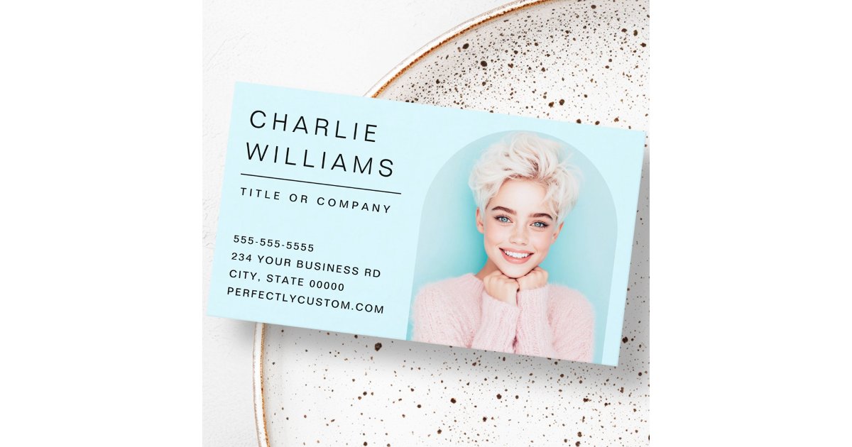 Modern minimal light aqua blue arch photo frame business card | Zazzle