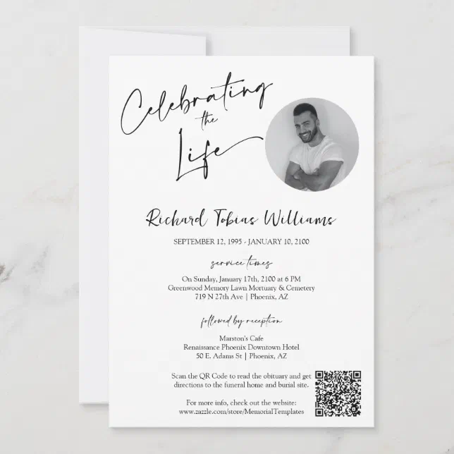 Modern Minimal Memorial Funeral Photo QR Code Invitation | Zazzle