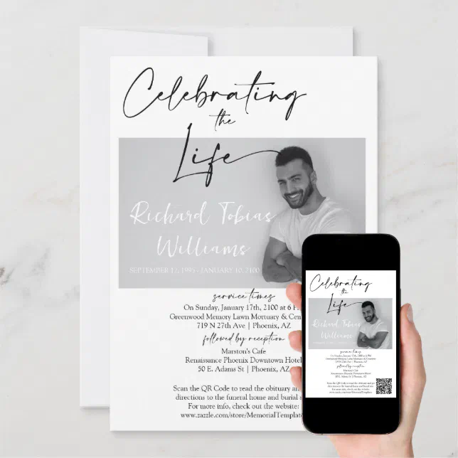 Modern Minimal Memorial Photo QR Code Funeral Invitation | Zazzle