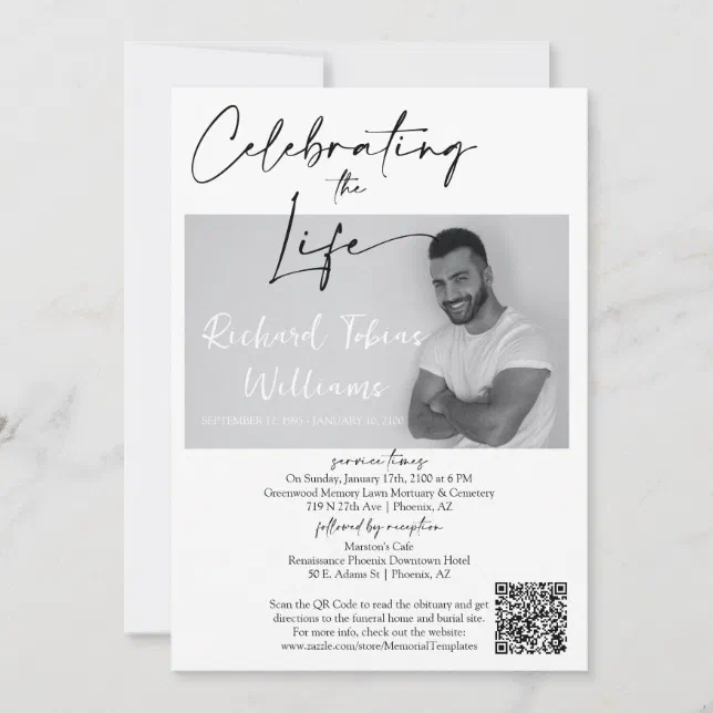 Modern Minimal Memorial Photo QR Code Funeral Invitation | Zazzle